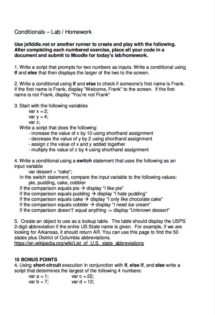 Solved Conditionals - Lab / Ho mework Use jsfiddle.net or | Chegg.com