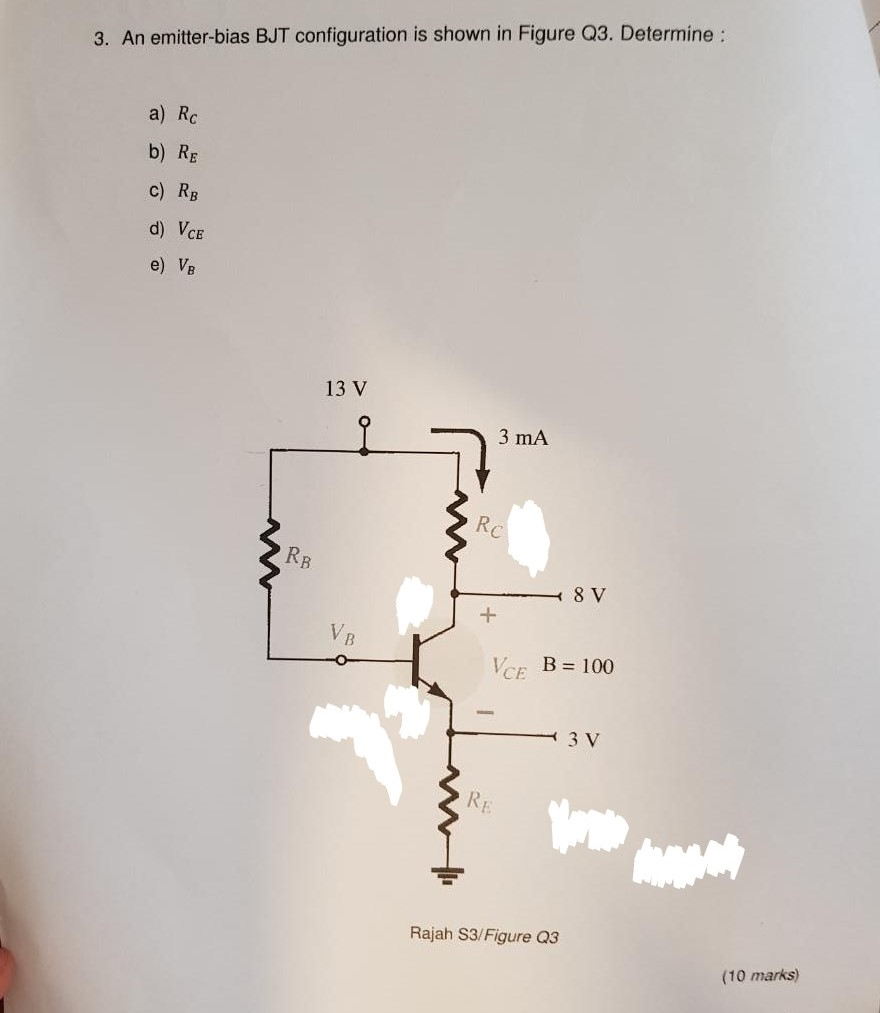 Solved 3. An emitter-bias BJT configuration is shown in | Chegg.com