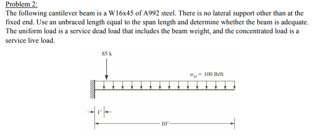 Solved Problem 2 The following cantilever beam is a W16x45 | Chegg.com