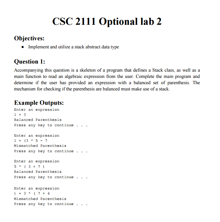 Solved CSC 2111 optional lab 2 objectives: Implement and | Chegg.com