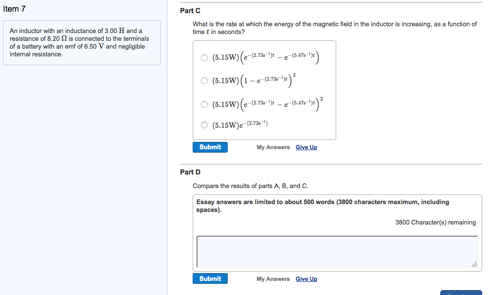 Solved Item 7 An Inductor With An Inductance Of 3 00 H And A
