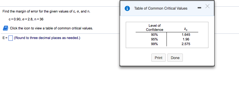 Solved Find the margin of error for the given values of c, | Chegg.com