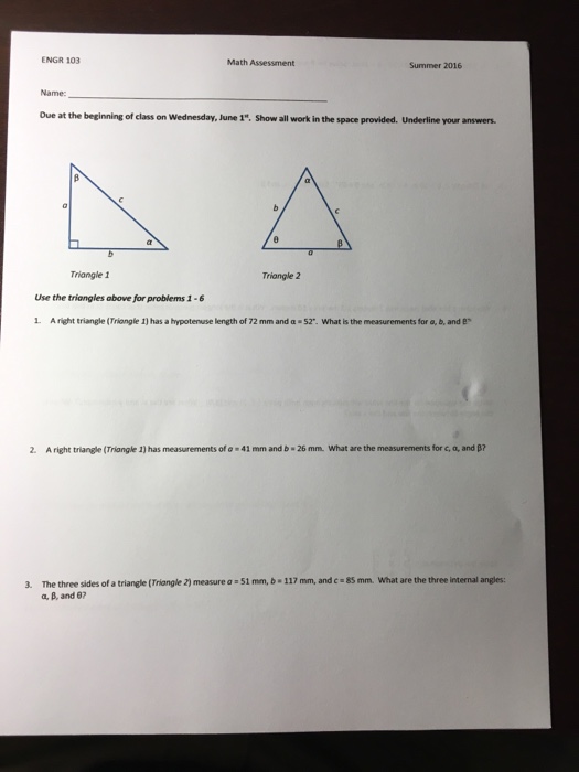 Solved ENGR 103 Math Assessment Summer 2016 Due at the | Chegg.com