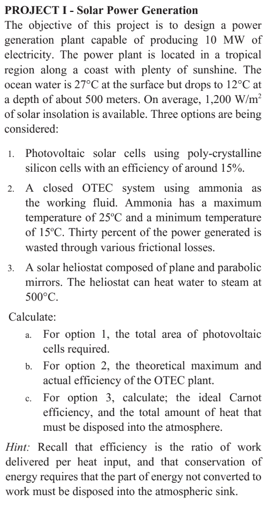 Solved PROJECT I - Solar Power Generation The objective of | Chegg.com