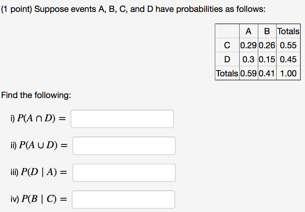 Solved Suppose events A, B, C, and D have probabilities as | Chegg.com