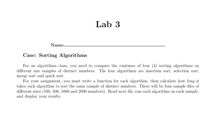 Solved Lab 3 Name: Case: Sorting Algorithms For an | Chegg.com