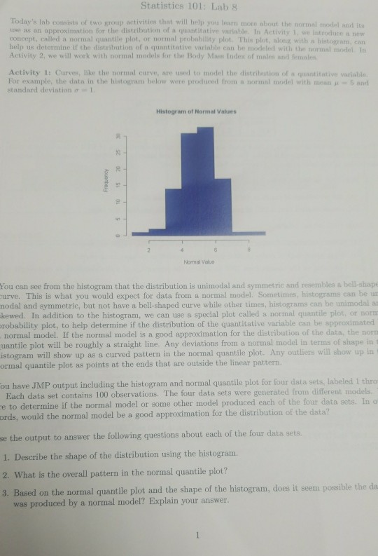 Solved Statistics 101: Lab 8 Today's lab consists of two | Chegg.com