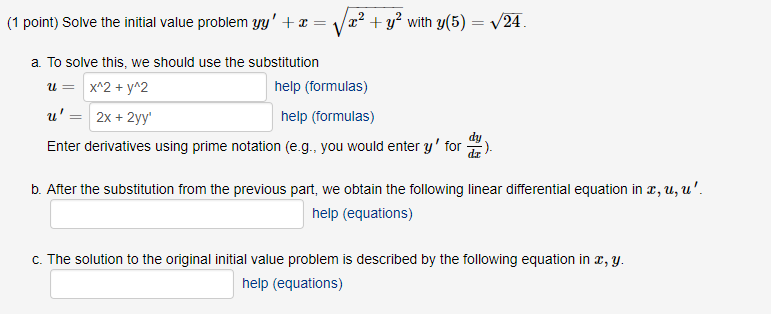 Solved (1 point) Solve the initial value problem yy' +z\/x2 | Chegg.com Solved (1 point) Solve the initial value problem yy' +z\/x2 | Chegg.com
