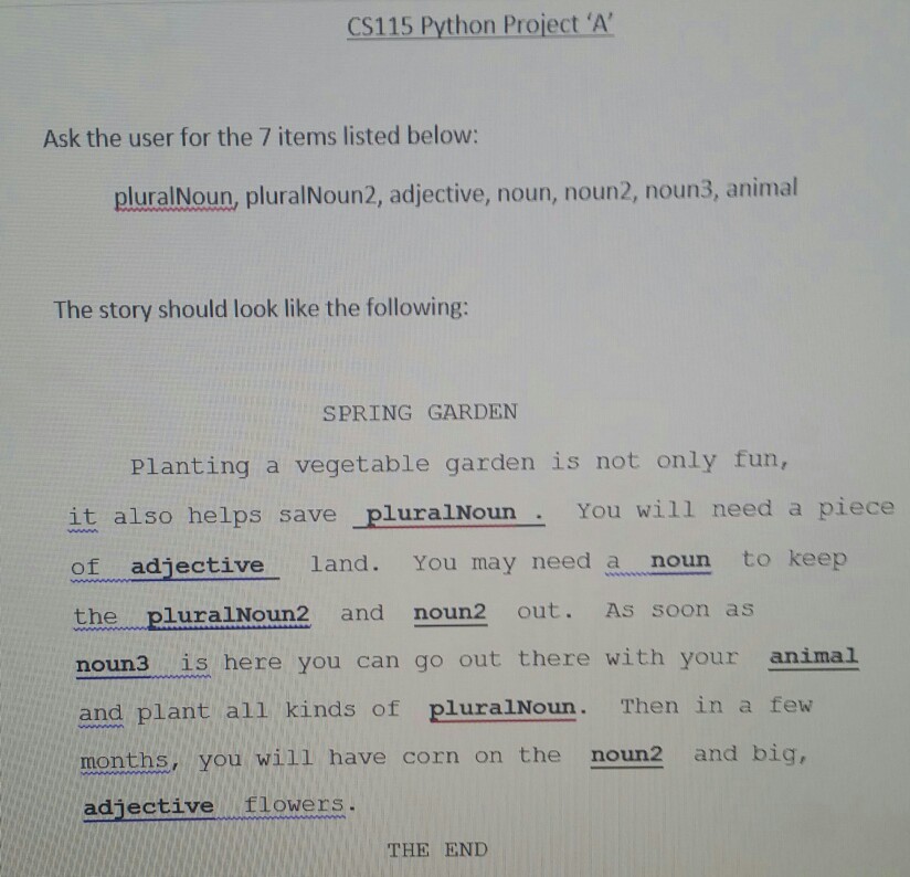 Solved CS115 Python Project 'A Ask the user for the 7 items | Chegg.com