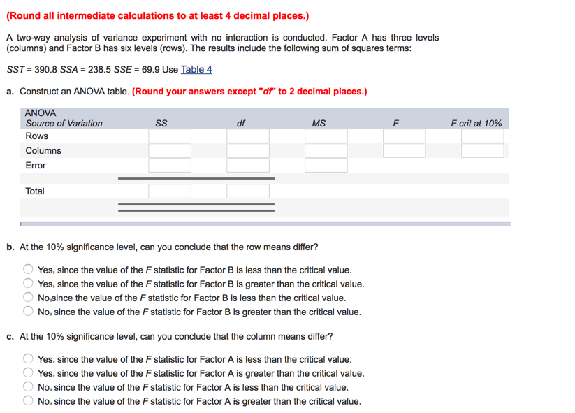 Solved A two-way analysis of variance experiment with no | Chegg.com