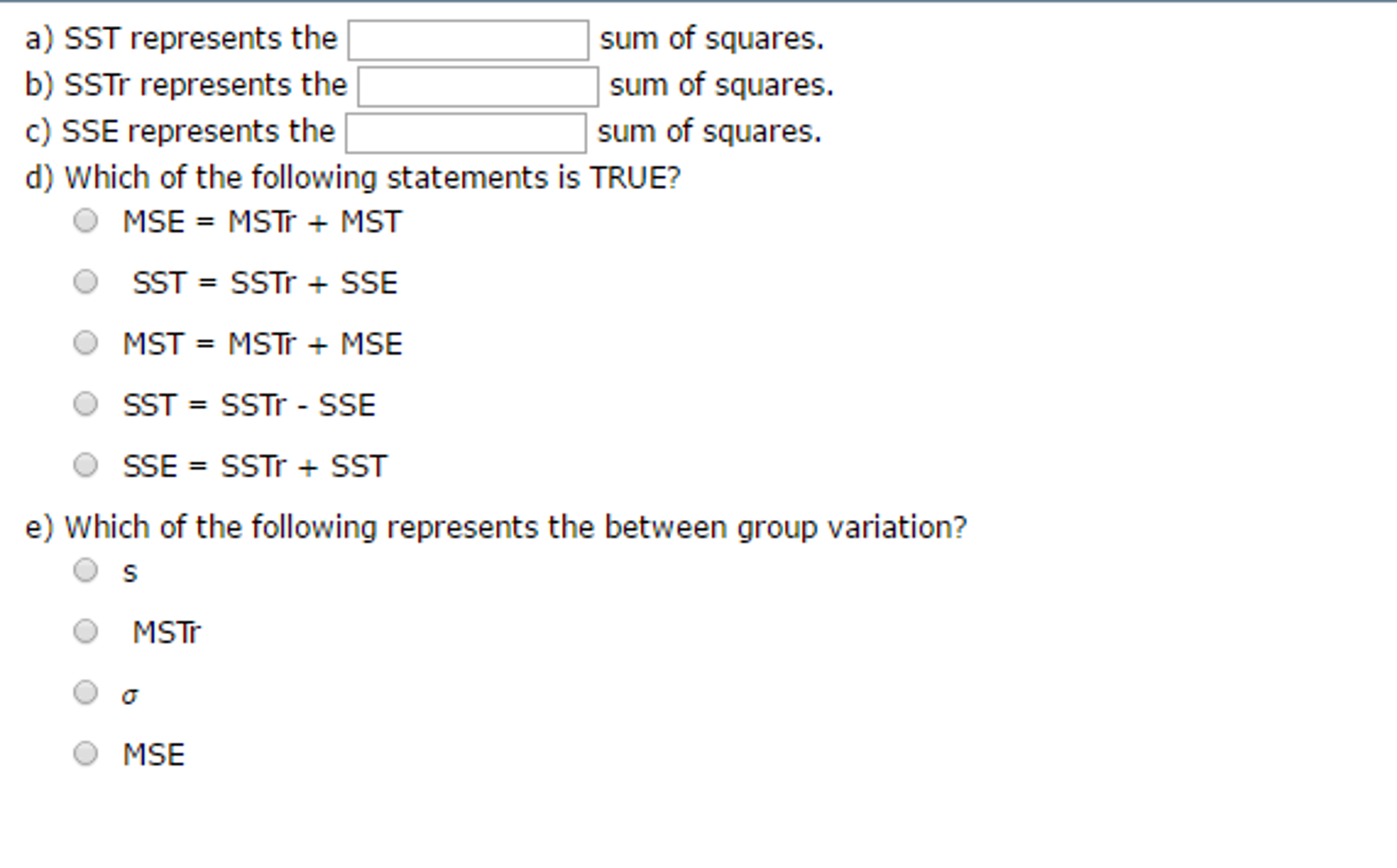 Solved SST represents the sum of squares. SSTr represents | Chegg.com