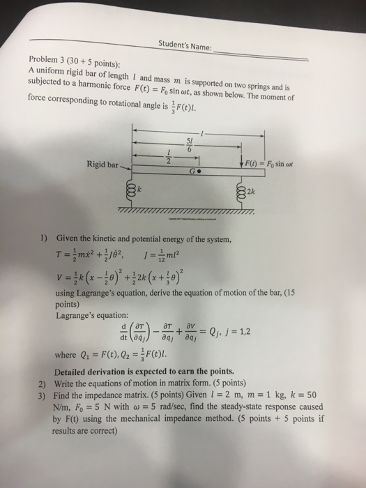 Solved A uniform rigid bar of length l and mass m is | Chegg.com