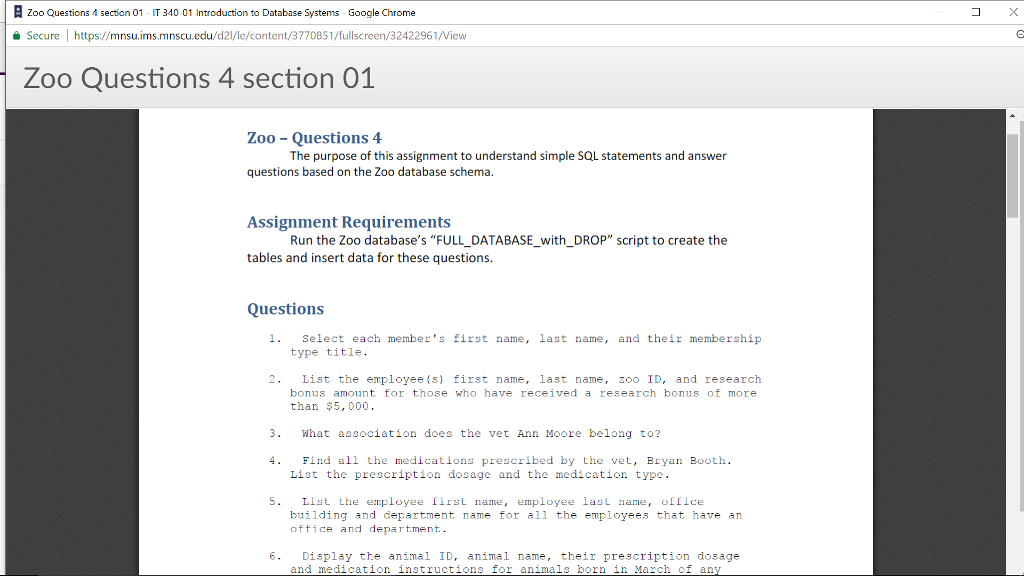 Zoo Questions 4 section 01 IT 340 01 Introduction to | Chegg.com