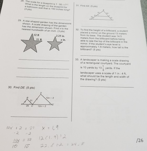 Solved 28. The scale for a blueprint is 1:50nch 31. Find AX. | Chegg.com