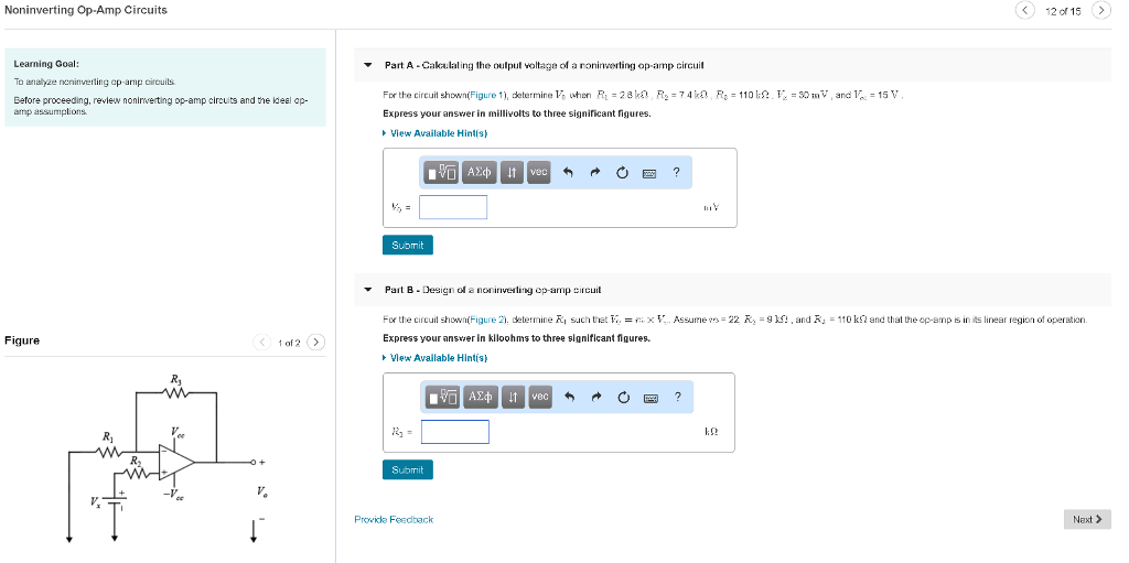 Solved Noninverting Op-Amp Circuits 12 f 15 Learning Goal: | Chegg.com