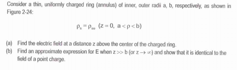 Solved Consider a thin, uniformly charged ring (annulus) of | Chegg.com