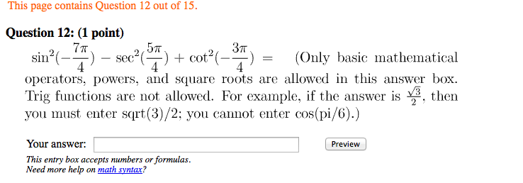 Solved sin2(-7pi/4)-sec2(5pi/4)+cot2(-3pi/4)= (Only basic | Chegg.com