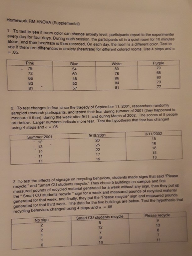Solved Homework RM ANOVA (Supplemental) 1. To test to see if | Chegg.com