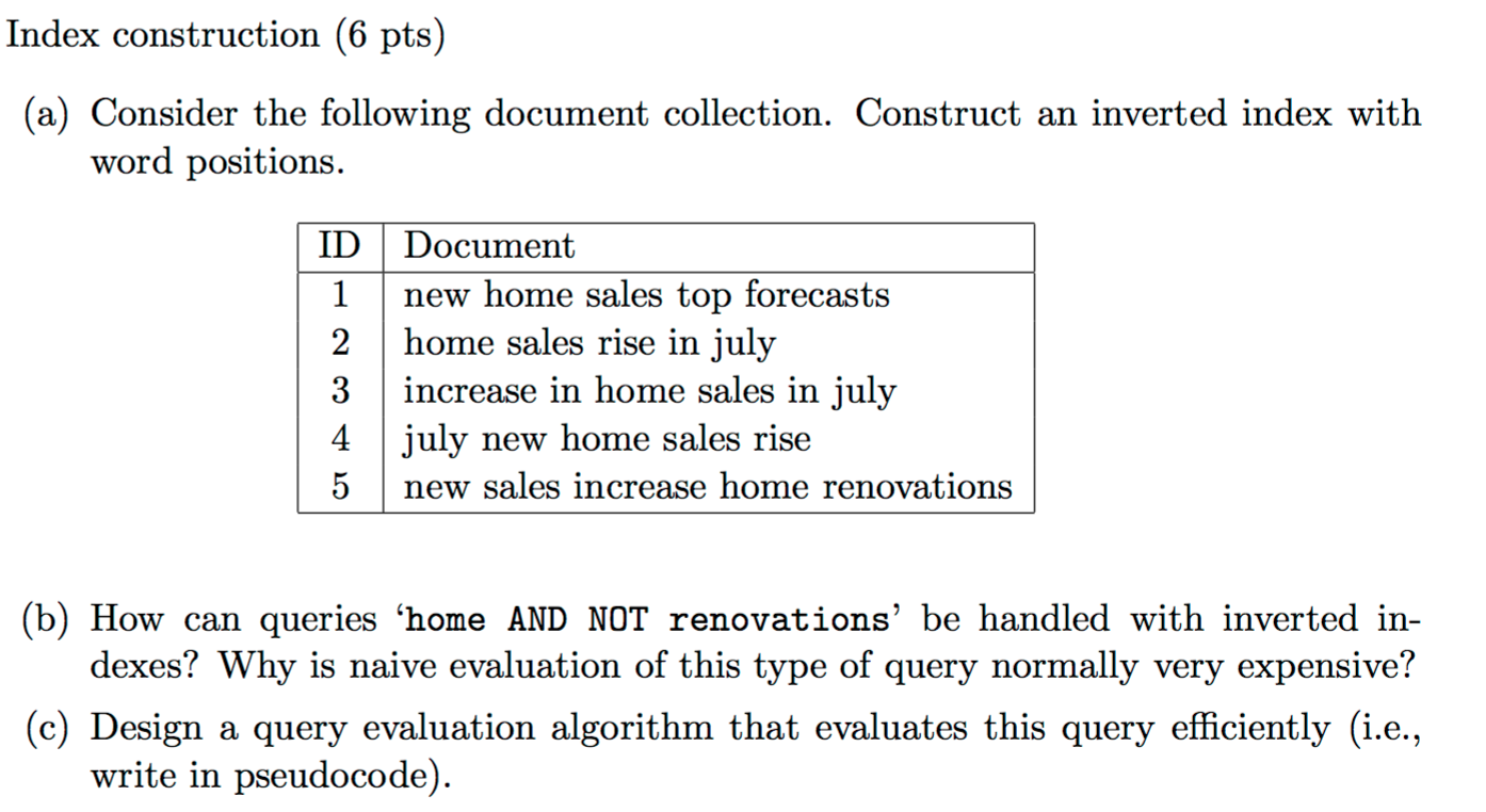 Consider the following document collection. Construct | Chegg.com