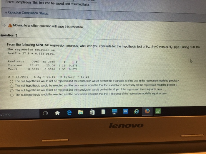 Solved From the following MINITAB The regression equation | Chegg.com