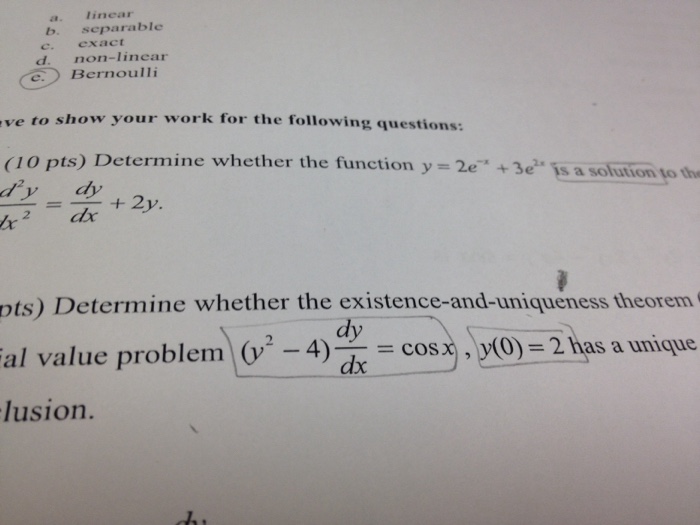 Solved Determine Whether The Function Y 2e X 3e 2x Is