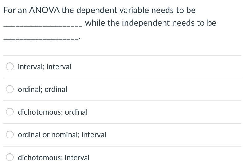 Solved For an ANOVA the dependent variable needs to be while | Chegg.com