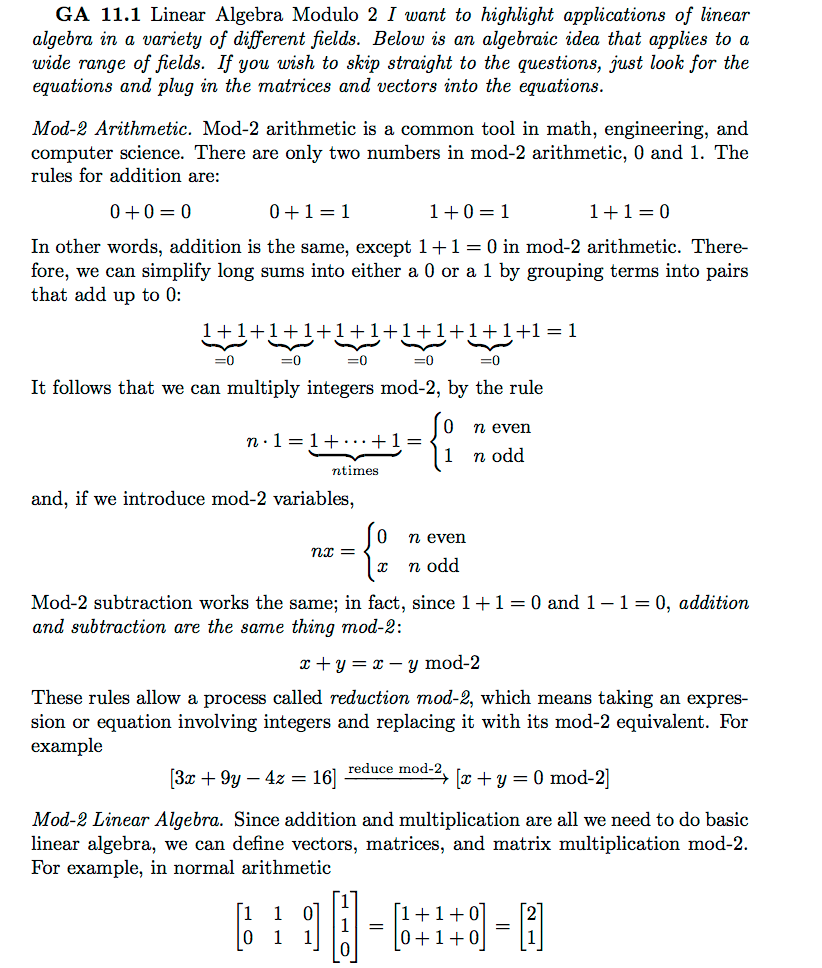 Solved GA 11.1 Linear Algebra Modulo 2 I want to highlight | Chegg.com