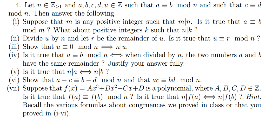 Solved 4. Let n Z1 and a,b,c,d, u E Z such that a mod n and | Chegg.com
