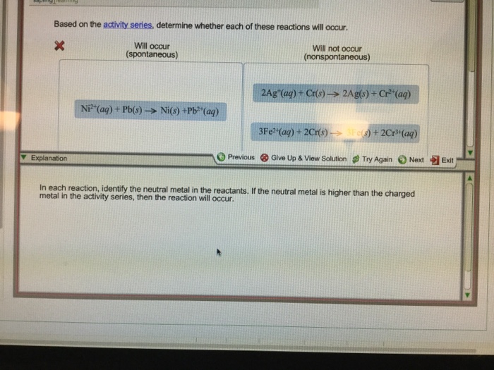 Solved Based On The Activity Series Determine Whether Each