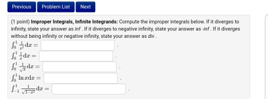 Solved (1 point) Improper Integrals, Infinite Limits of | Chegg.com