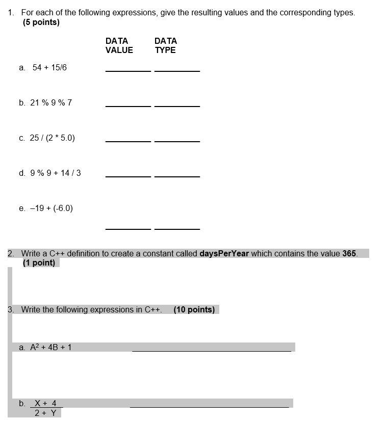 Solved 1. For each of the following expressions, give the | Chegg.com