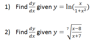 Solved 1) Find dy/dx given y = ln(x/1+x^2) 2) Find dy/dx | Chegg.com