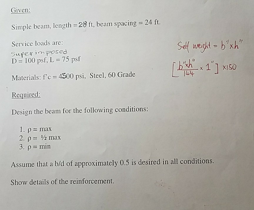 Solved Given: Simple beam, length 28 ft, beam spacing 24 ft. | Chegg.com