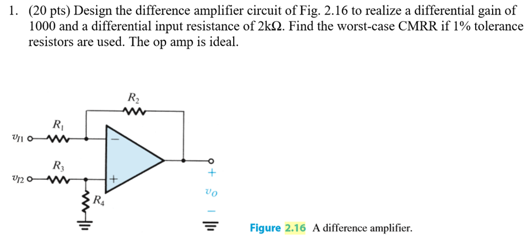 Solved (20 pts) Design the difference amplifier circuit of | Chegg.com