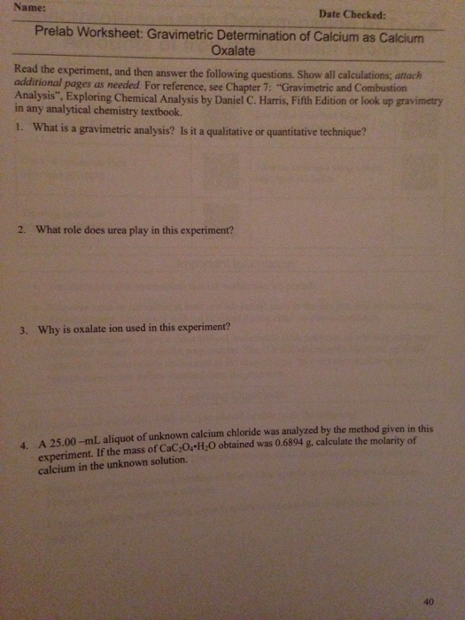 Solved Name: Date Checked: Prefab Worksheet: Gravimetric | Chegg.com