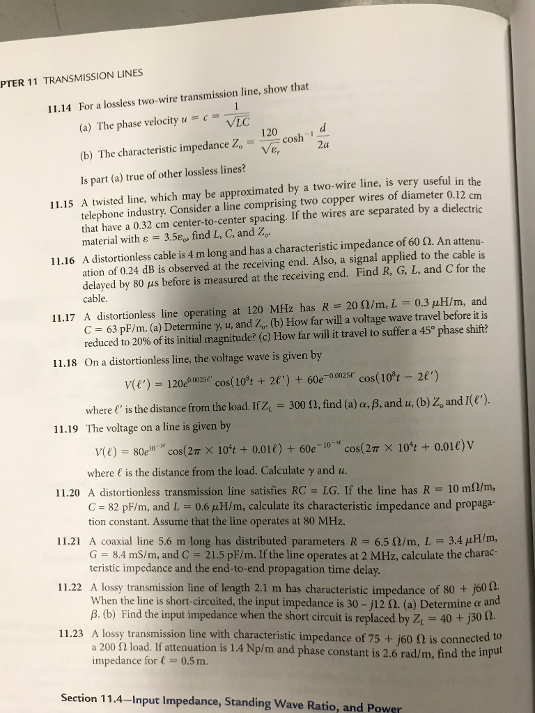 Solved PTER 11 TRANSMISSION LINES For a lossless two-wire | Chegg.com