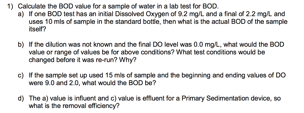 Calculate the BOD value for a sample of water in a | Chegg.com