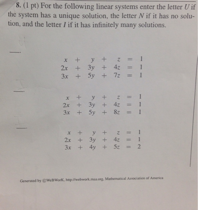 Solved For the following linear systems enter the letter U | Chegg.com