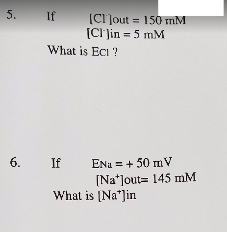 Solved If [Cl^-]out = 150 mM [Cl^-] in = 5 mM What is ECl? | Chegg.com