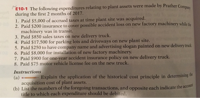 Solved The following expenditures relating to plant assets | Chegg.com