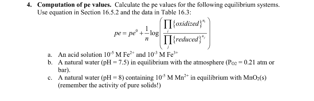Computation of pe values. Calculate the pe values for | Chegg.com