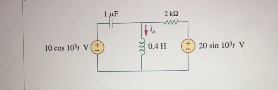 Solved 10 cos 103t V 1 AuF 2 kS2 0.4 H 20 sin 103t V | Chegg.com