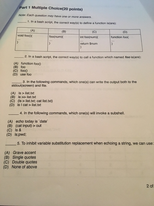 Solved Part 1 Multiple Choice(20 points) Note: Each question | Chegg.com