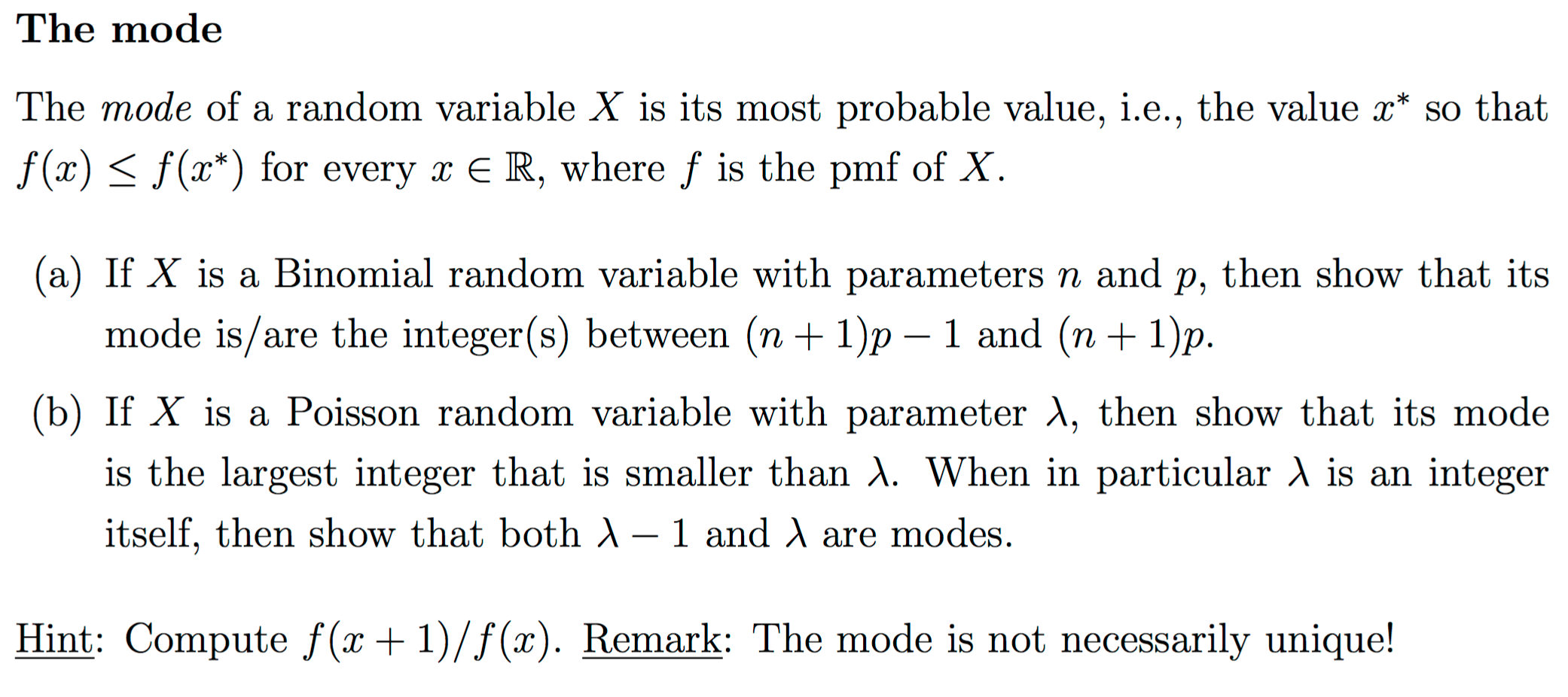 Solved The mode The mode of a random variable X is its most | Chegg.com
