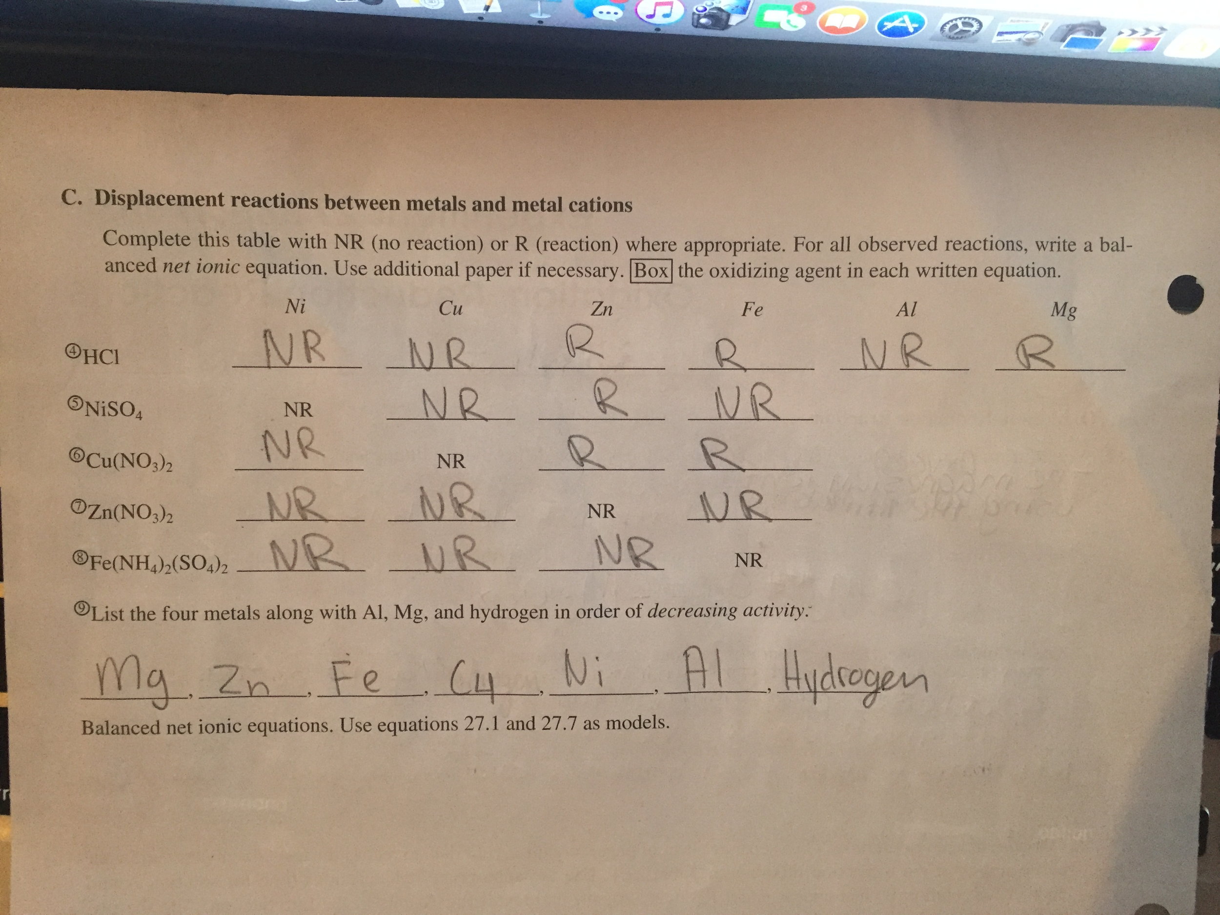 Solved Displacement reactions between metals and metal | Chegg.com