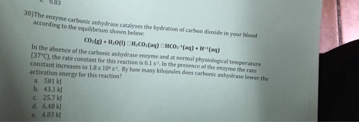 Solved The enzyme carbonic anhydrase catalyzes the hydration | Chegg.com