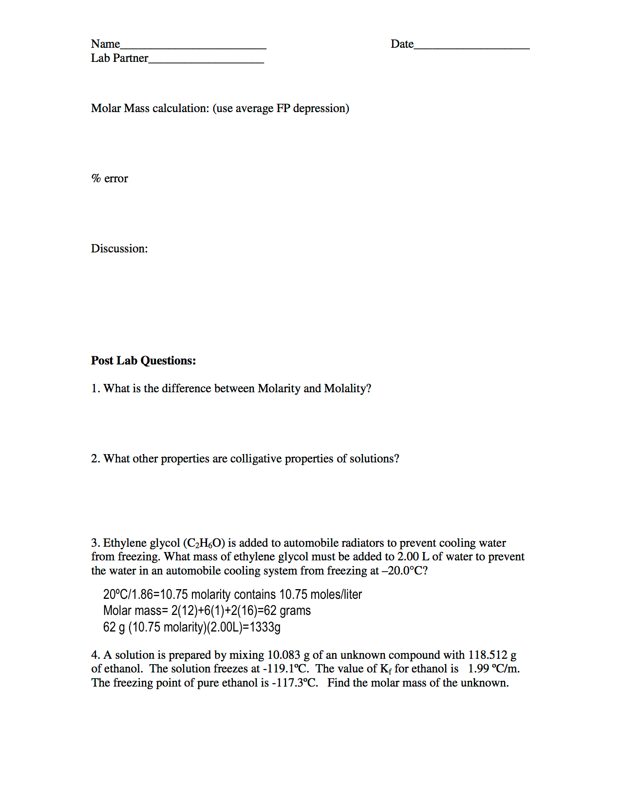 Solved Date Name Lab Partner Colligative Properties of | Chegg.com