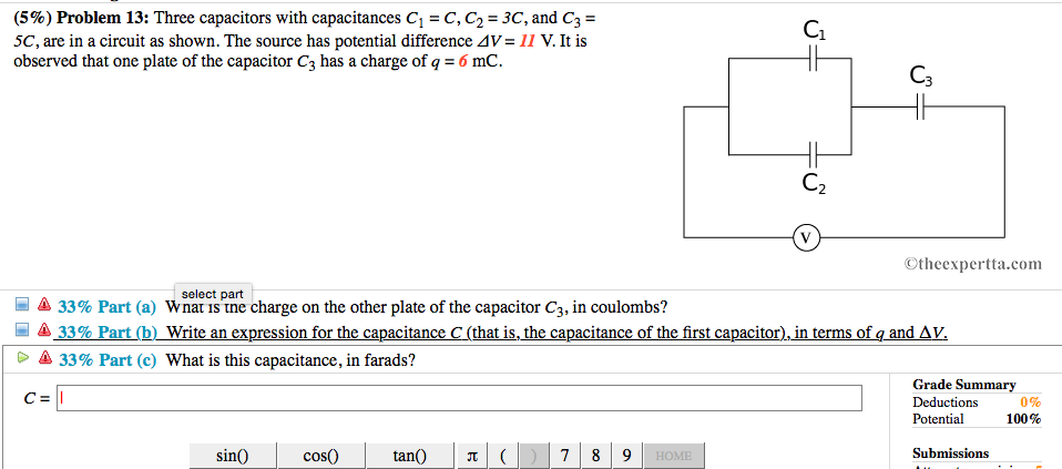 Solved (5%) Problem 13: Three capacitors with capacitances C | Chegg.com
