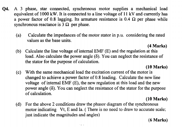 Solved Q4. A 3 phase, star connected, synchronous motor | Chegg.com