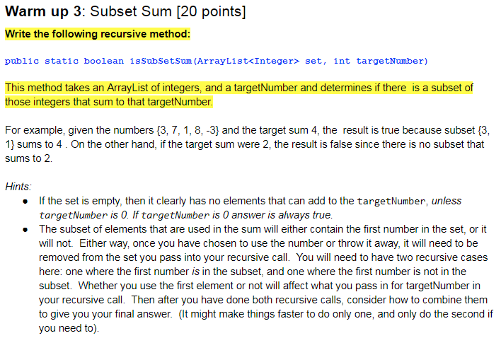 Solved Warm up 3: Subset Sum [20 points] Write the following | Chegg.com